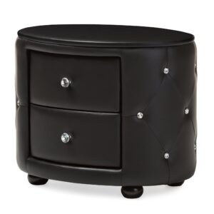 baxton studio davina hollywood glamour style oval 2-drawer faux leather upholstered nightstand, medium, black