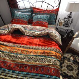 LELVA Boho Duvet Cover Set King Colorful Stripe Fitted Sheet Set Bohemian Bedding Set Baroque Style Bedding Set 4pcs