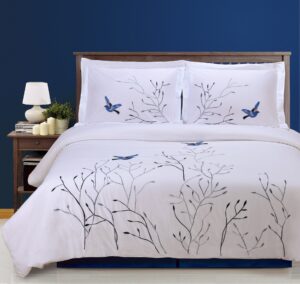 superior 100% cotton percale embroidered 3-piece duvet cover set, king/california king, blue swallow