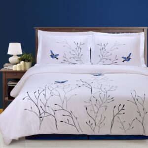 Superior 100% Cotton Percale Embroidered 3-Piece Duvet Cover Set, King/California King, Blue Swallow