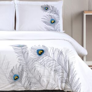 100% Cotton, 3-Piece King/California King, Single Ply, Soft, Embroidered Peacock Duvet Cover Set, Silver