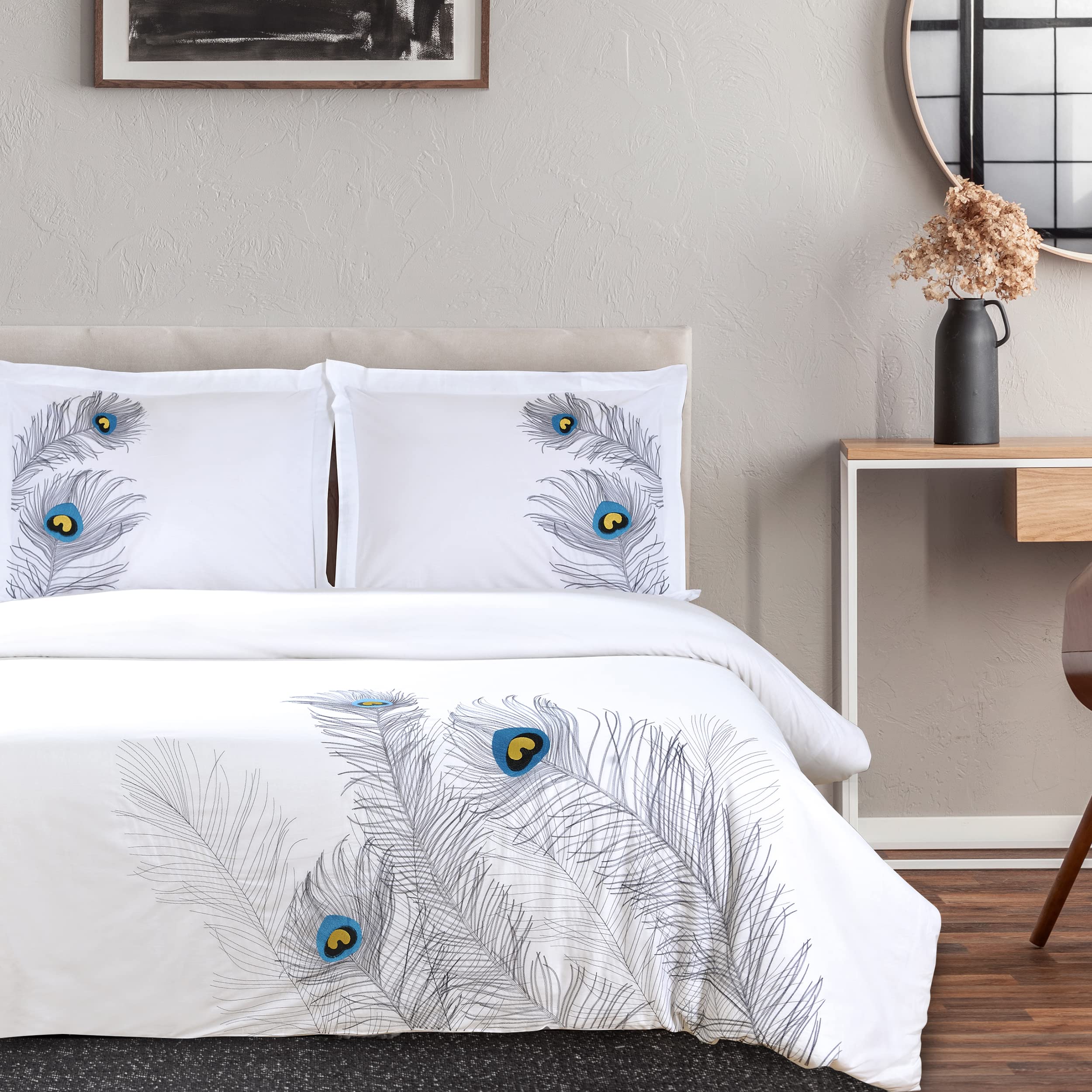 100% Cotton, 3-Piece King/California King, Single Ply, Soft, Embroidered Peacock Duvet Cover Set, Silver