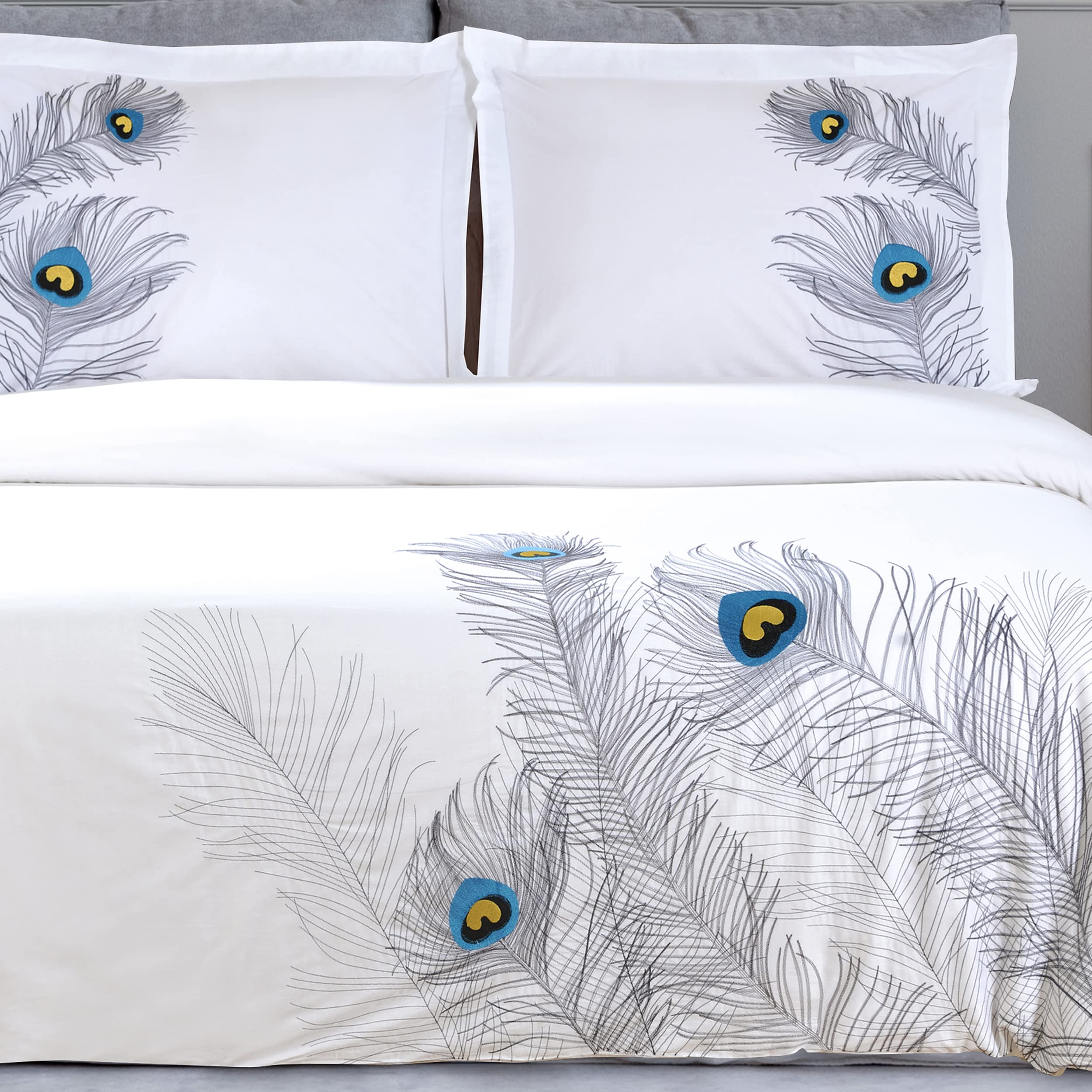 100% Cotton, 3-Piece King/California King, Single Ply, Soft, Embroidered Peacock Duvet Cover Set, Silver