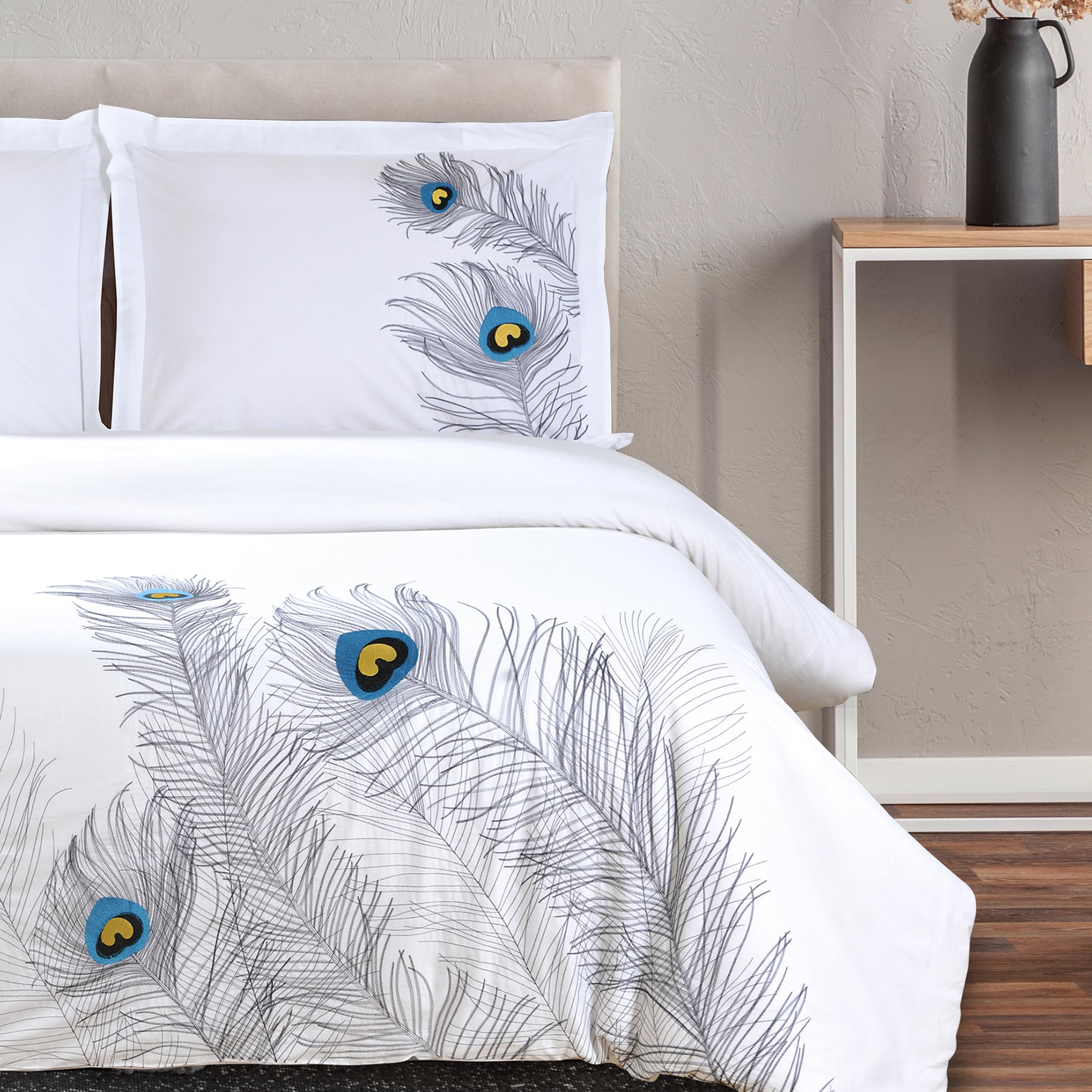 100% Cotton, 3-Piece King/California King, Single Ply, Soft, Embroidered Peacock Duvet Cover Set, Silver