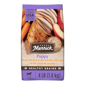 merrick healthy grains premium dry dog food, wholesome and natural kibble for healthy digestion, puppy recipe - 4.0 lb. bag