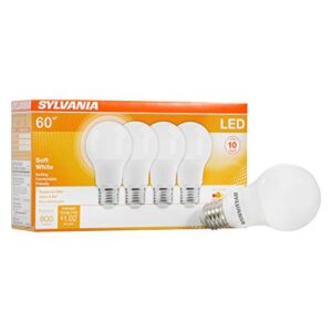 sylvania led a19 light bulb, 60w equivalent efficient 8.5w medium base, 2700k soft white, 4 pack