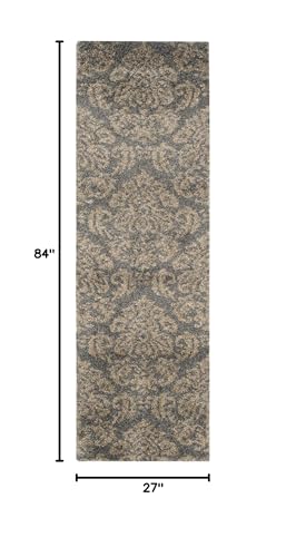 SAFAVIEH Florida Shag Collection Runner Rug - 2'3" x 7', Grey & Beige, Damask Design, Non-Shedding & Easy Care, 1.2-inch Thick Ideal for High Traffic Areas in Living Room, Bedroom (SG460-8013)