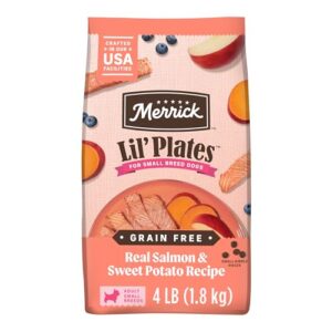 merrick lil’ plates premium grain free dry dog food for small dogs, real salmon and sweet potato kibble - 4.0 lb. bag