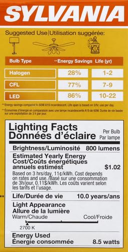 SYLVANIA LED A19 Light Bulb, 60W Equivalent Efficient 8.5W Medium Base, 2700K Soft White, 4 pack