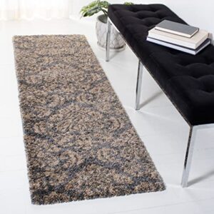 safavieh florida shag collection runner rug - 2'3" x 7', grey & beige, damask design, non-shedding & easy care, 1.2-inch thick ideal for high traffic areas in living room, bedroom (sg460-8013)