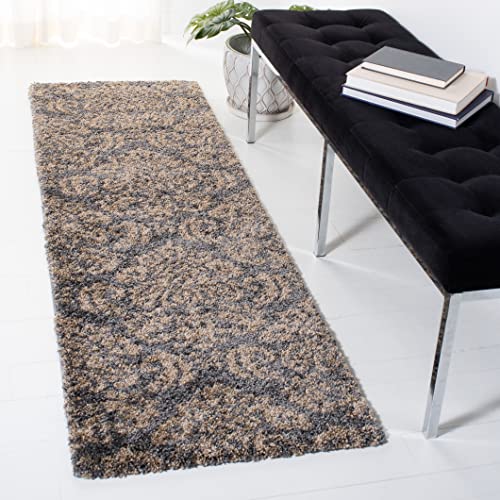 SAFAVIEH Florida Shag Collection Runner Rug - 2'3" x 7', Grey & Beige, Damask Design, Non-Shedding & Easy Care, 1.2-inch Thick Ideal for High Traffic Areas in Living Room, Bedroom (SG460-8013)