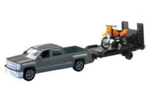 19535a new-ray replica 1:43 trk/trailer/bike chevy silver/bike orange