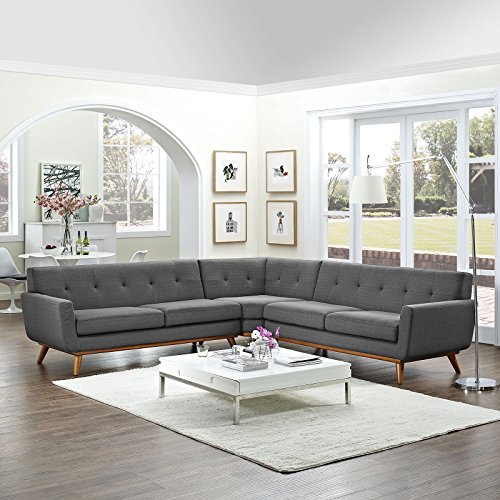 Modway L Shaped Sectional Sofa Engage Mid-Century Modern Upholstered Fabric Gray