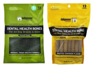 indigenous grain free dental health bones 2 flavor variety bundle: (1) original fresh breath formula, and (1) roasted chicken flavor, 17 oz. ea.