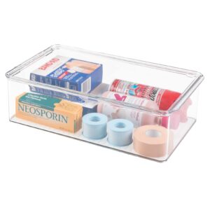 mDesign Plastic Bathroom Storage Organizer Box w/Hinge Lid for Closet Shelves, Cupboards, or Vanity, Holds Medicine, First Aid, Lotion, Cotton Swabs, and Styling Tools, Ligne Collection, Clear