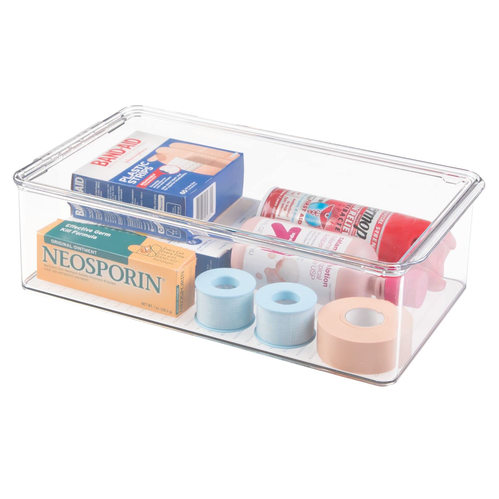 mDesign Plastic Bathroom Storage Organizer Box w/Hinge Lid for Closet Shelves, Cupboards, or Vanity, Holds Medicine, First Aid, Lotion, Cotton Swabs, and Styling Tools, Ligne Collection, Clear