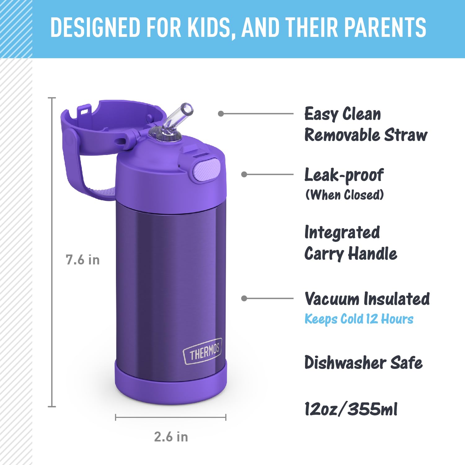 THERMOS FUNTAINER Water Bottle with Straw - 12 Ounce, Violet - Kids Stainless Steel Vacuum Insulated Water Bottle with Lid