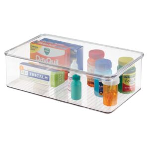 mdesign plastic bathroom storage organizer box w/hinge lid for closet shelves, cupboards, or vanity, holds medicine, first aid, lotion, cotton swabs, and styling tools, ligne collection, clear