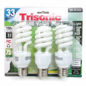 3 pack daylight bulb light 33 w energy 150 watt output white compact fluorescent light bulb spiral day light cool white, 33w (150 watt equivalent), 2090 lumens, e26 medium base, 120v, 60 hz (pack of