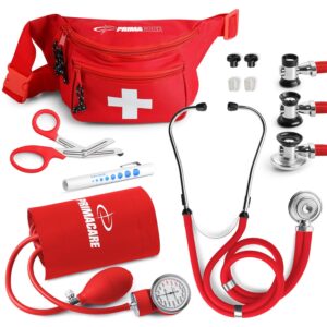 primacare kb-9181 professional series blood pressure kit with sprague rappaport stethoscope, fanny pack aneroid combo for medical emergencies and first aid purposes, red, 8x2x6 inches