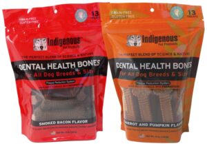 indigenous grain free dental health bones 2 flavor variety bundle: (1) smoked bacon flavor, and (1) carrot & pumpkin flavor, 17 oz. ea.