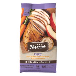 merrick healthy grains premium dry dog food, wholesome and natural kibble for healthy digestion, puppy recipe - 12.0 lb. bag