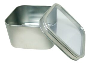 square metal tin box storage containers with windowed lids - 4x4x2.25 inches, 16 oz. - set of 2