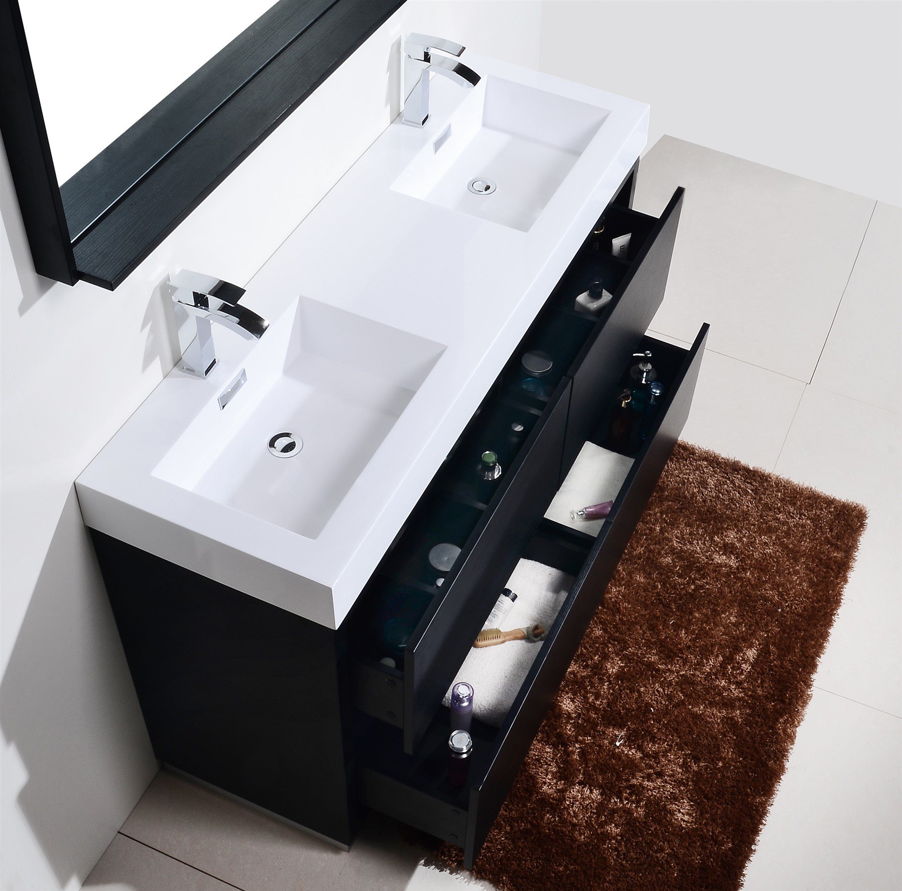 Bliss 60″ Black Double Sink Floor Mount Modern Bathroom Vanity