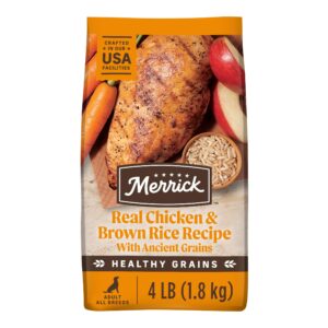 merrick healthy grains premium adult dry dog food, wholesome and natural kibble with chicken and brown rice - 4.0 lb. bag