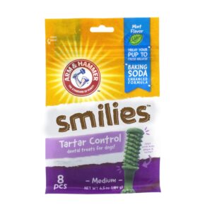 arm & hammer for pets brushies dental treats for dogs | dog dental chews with baking soda fight bad breath, plaque & tartar without brushing | mint flavor, 8 pcs