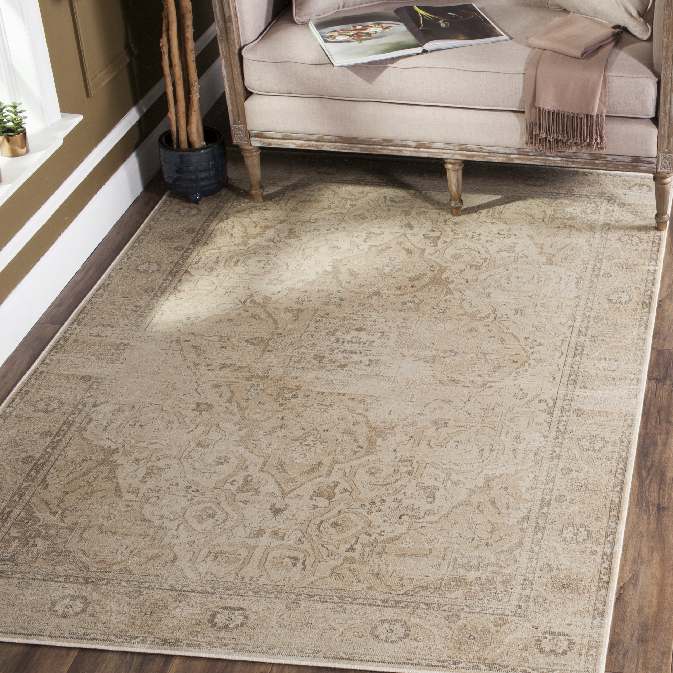 SAFAVIEH Vintage Collection Area Rug - 6'7" x 9'2", Stone, Oriental Traditional Distressed Viscose Design, Ideal for High Traffic Areas in Living Room, Bedroom (VTG159-3440)