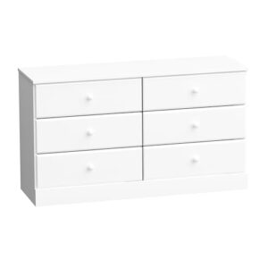 prepac astrid 6 drawer double dresser for bedroom, wide chest of drawers, bedroom furniture, clothes storage and organizer, 15.5" d x 47.5" w x 26.85" h, white