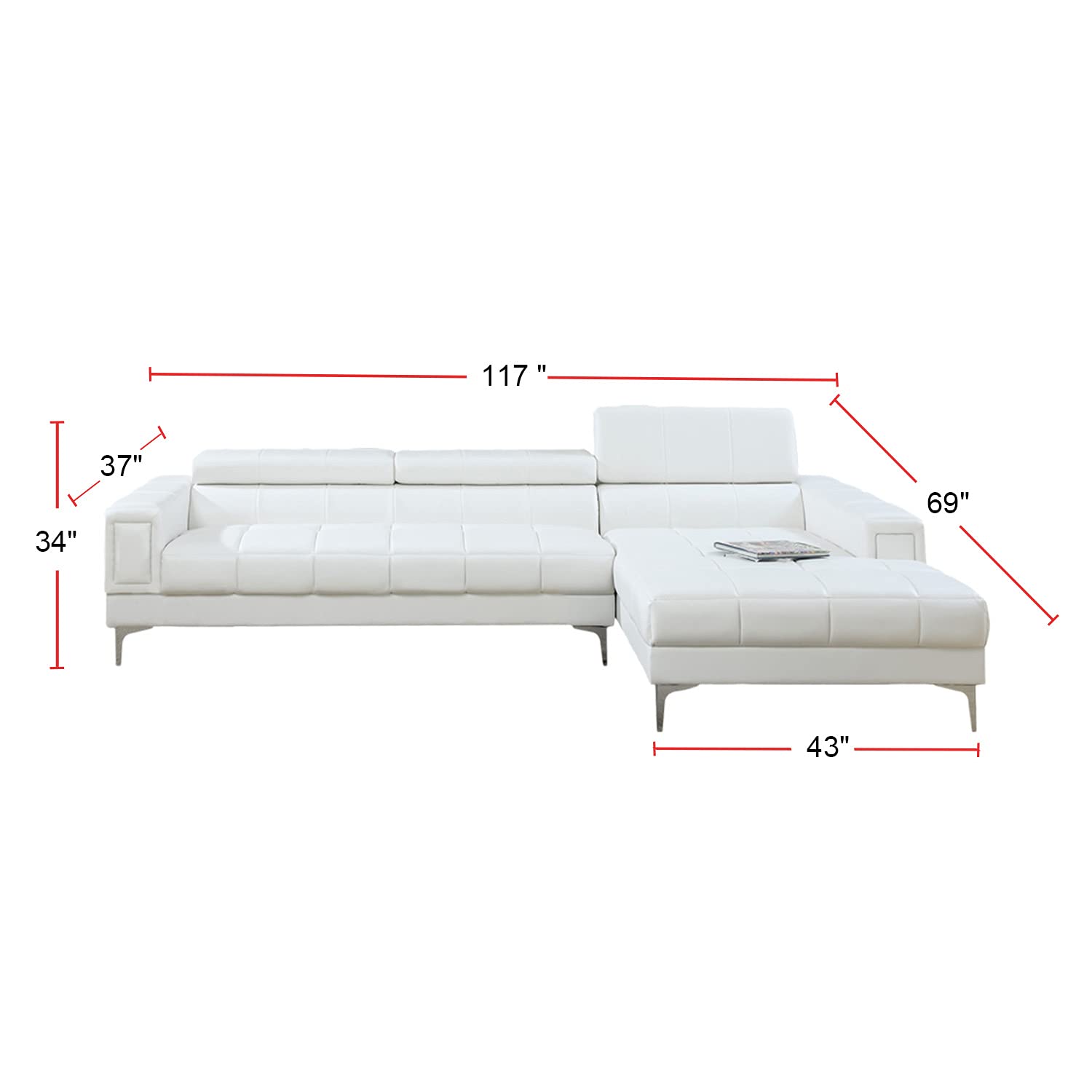 Poundex Bobkona Hayden Bonded Leather Sectional with Adjustable Back, White