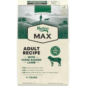 nutro max adult recipe dry dog food with farm raised lamb, 25 lb bag