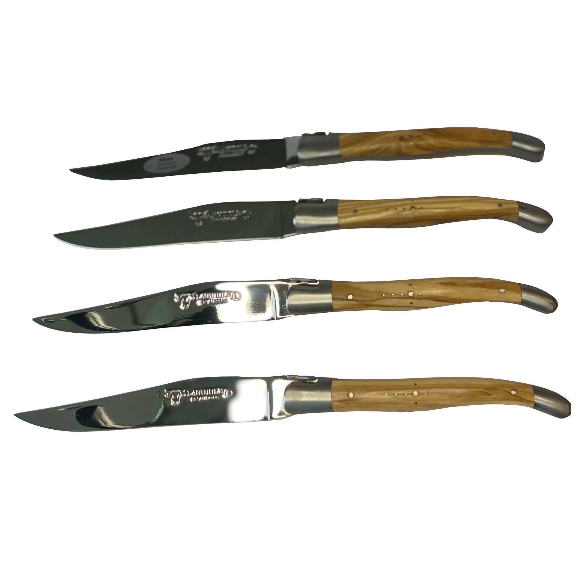 Laguiole en Aubrac Luxury Fully Forged Full Tang Stainless Steel Steak Knives 4-Piece Set with Olivewood Handle, Stainless Steel Matte Bolsters