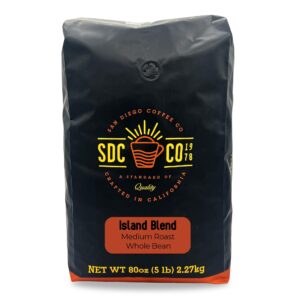 san diego coffee island blend, medium roast, whole bean coffee, 5-pound bag café en grano tostado