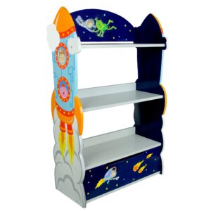 fantasy fields outer space 3 tier kids bookcase, wooden kids book shelf with hand crafted designs and toy storage drawer, blue