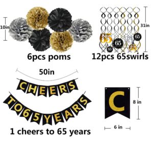 Famoby 65th Birthday Party Decorations Set- Gold Glittery Cheers to 65 Years Banner,Poms,12Pcs Sparkling 65 Hanging Swirls for 65th Birthday Decorations 65 Years Old Party Supplies