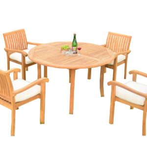 5 PC A Grade Outdoor Patio Teak Dining Furniture Set - 48" Round Table & 4 Naples Stacking Arm Chairs