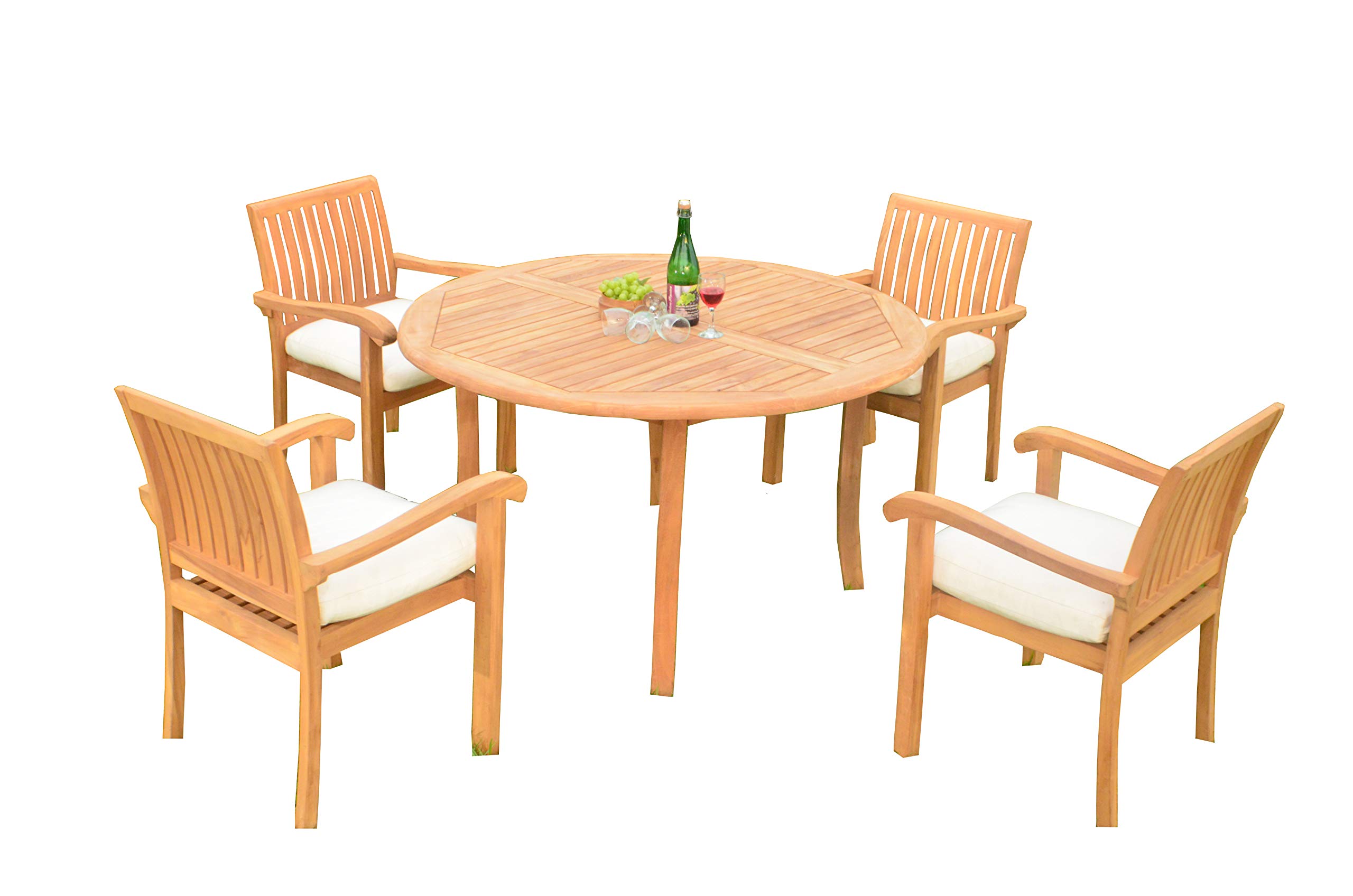 5 PC A Grade Outdoor Patio Teak Dining Furniture Set - 48" Round Table & 4 Naples Stacking Arm Chairs