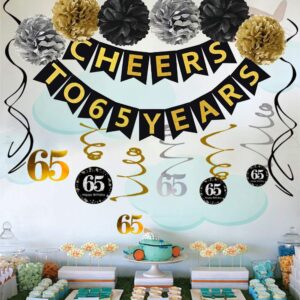 Famoby 65th Birthday Party Decorations Set- Gold Glittery Cheers to 65 Years Banner,Poms,12Pcs Sparkling 65 Hanging Swirls for 65th Birthday Decorations 65 Years Old Party Supplies