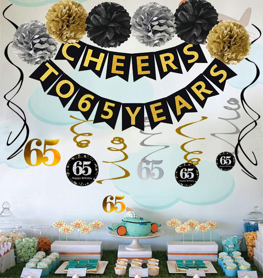 Famoby 65th Birthday Party Decorations Set- Gold Glittery Cheers to 65 Years Banner,Poms,12Pcs Sparkling 65 Hanging Swirls for 65th Birthday Decorations 65 Years Old Party Supplies