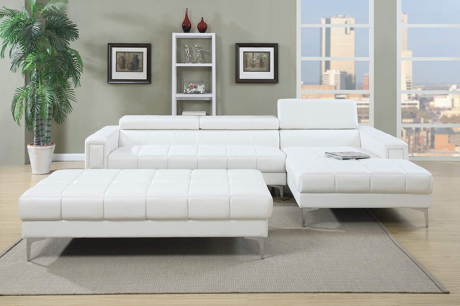 Poundex Bobkona Hayden Bonded Leather Sectional with Adjustable Back, White