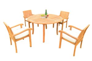 5 pc a grade outdoor patio teak dining furniture set - 48" round table & 4 naples stacking arm chairs