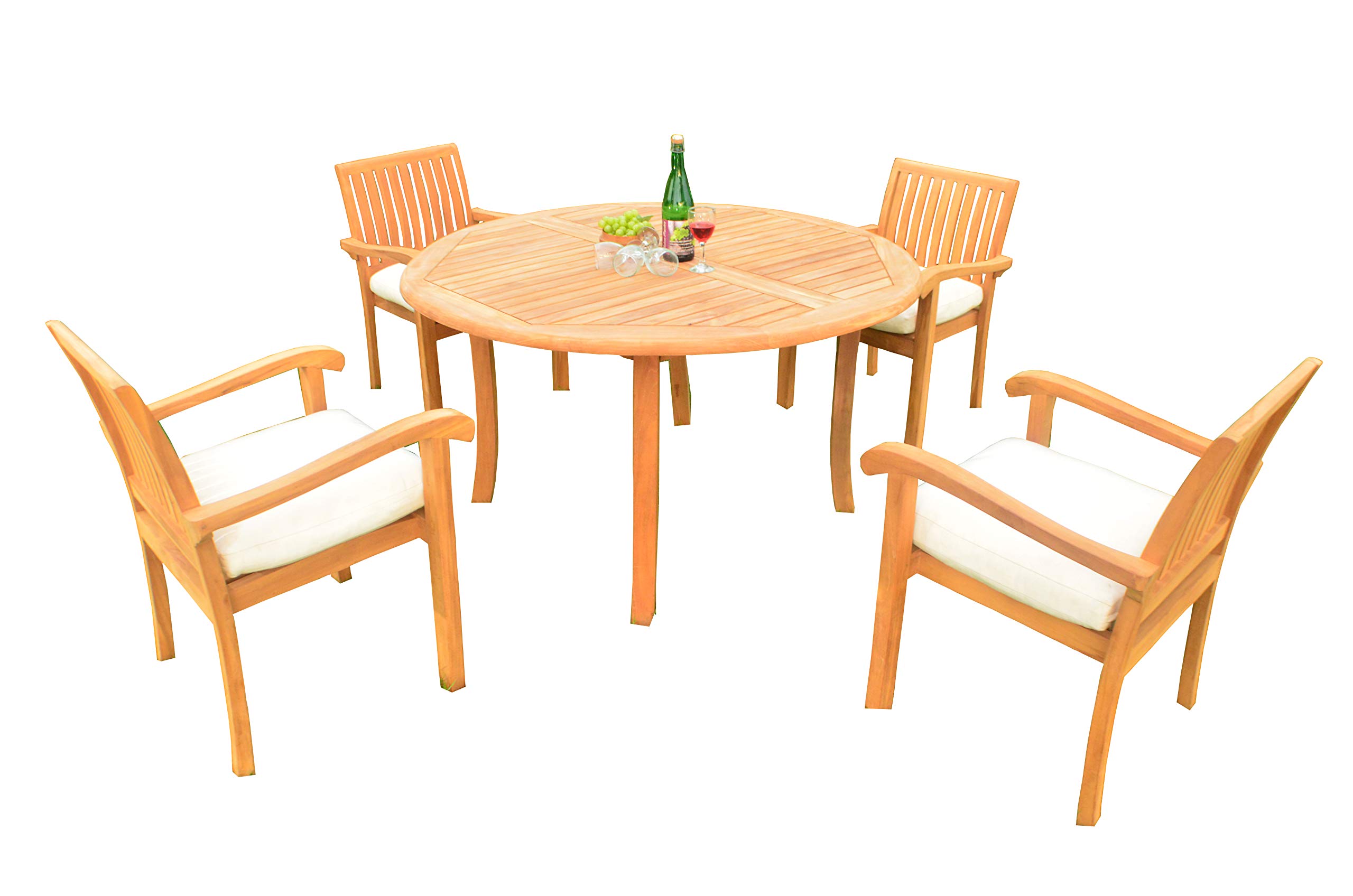 5 PC A Grade Outdoor Patio Teak Dining Furniture Set - 48" Round Table & 4 Naples Stacking Arm Chairs