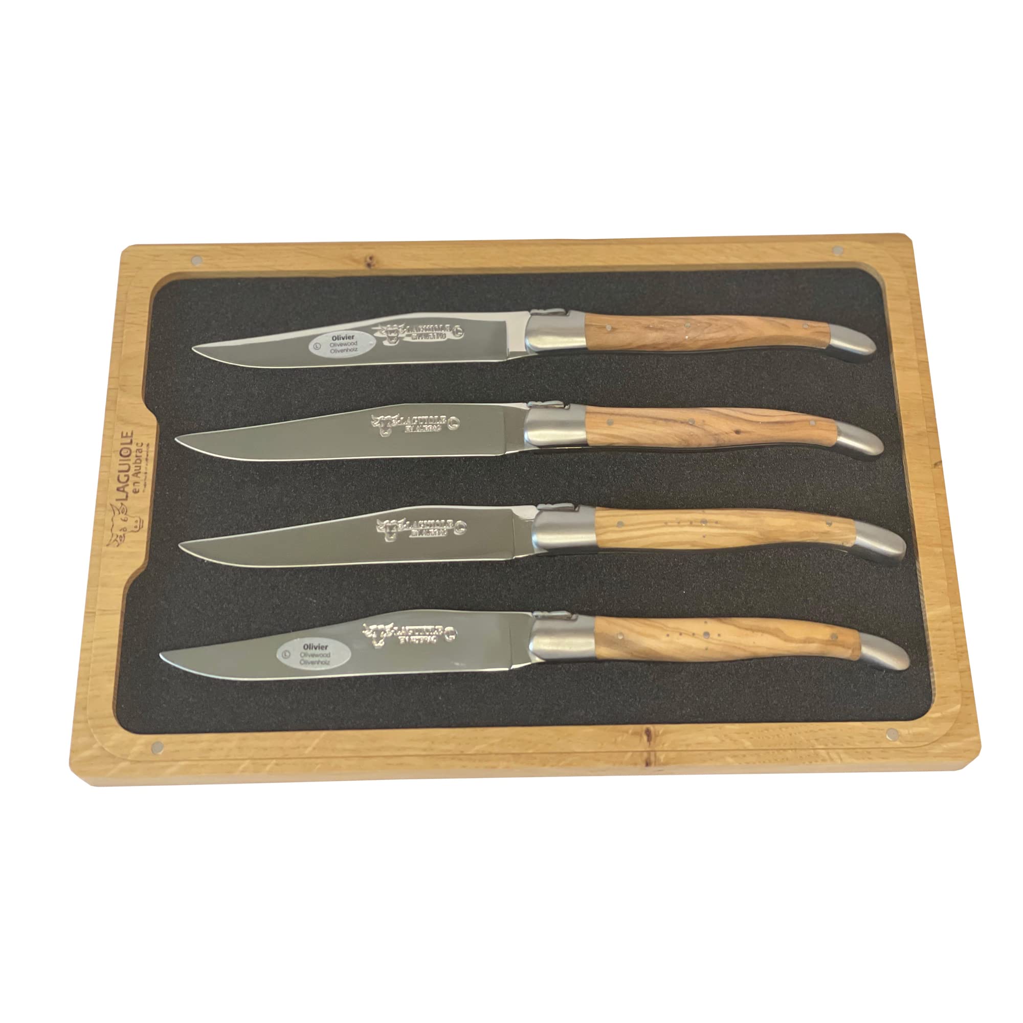 Laguiole en Aubrac Luxury Fully Forged Full Tang Stainless Steel Steak Knives 4-Piece Set with Olivewood Handle, Stainless Steel Matte Bolsters