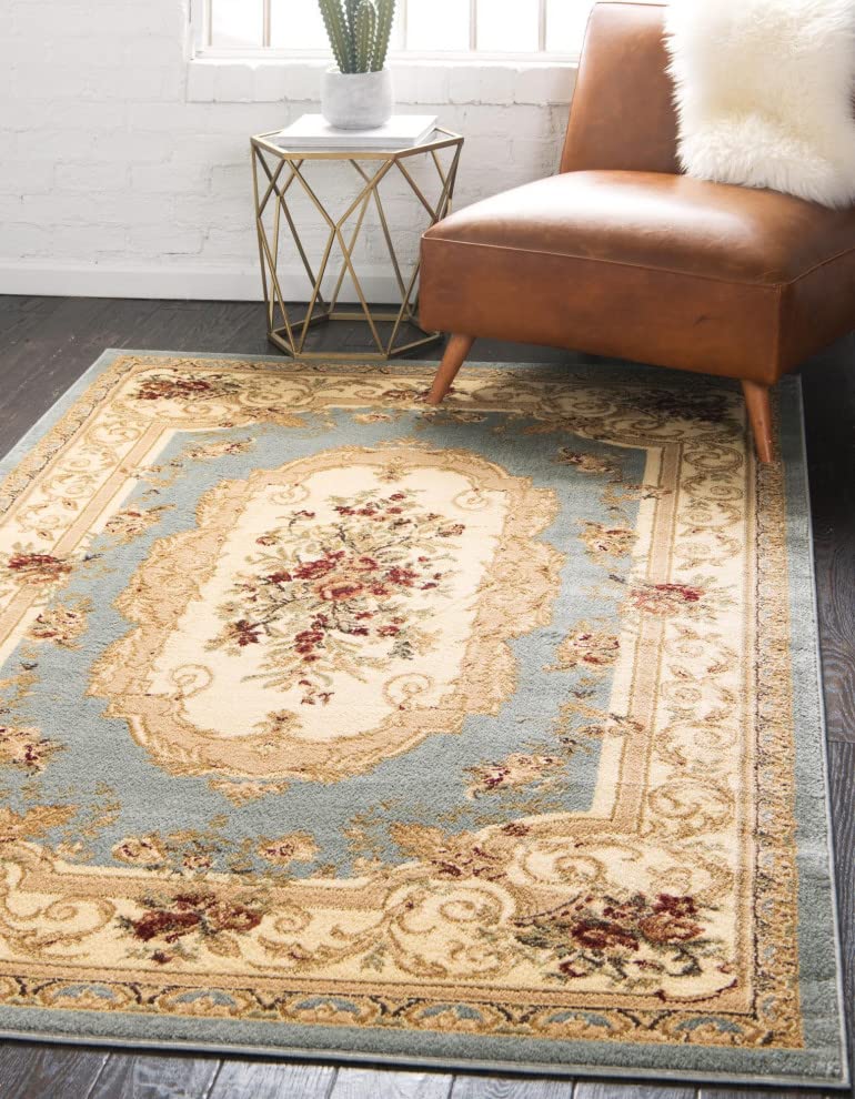 Unique Loom Versailles Collection Traditional Classic Floral Motif Area Rug (8' 0 x 10' 0 Rectangular, Slate Blue/ Ivory)