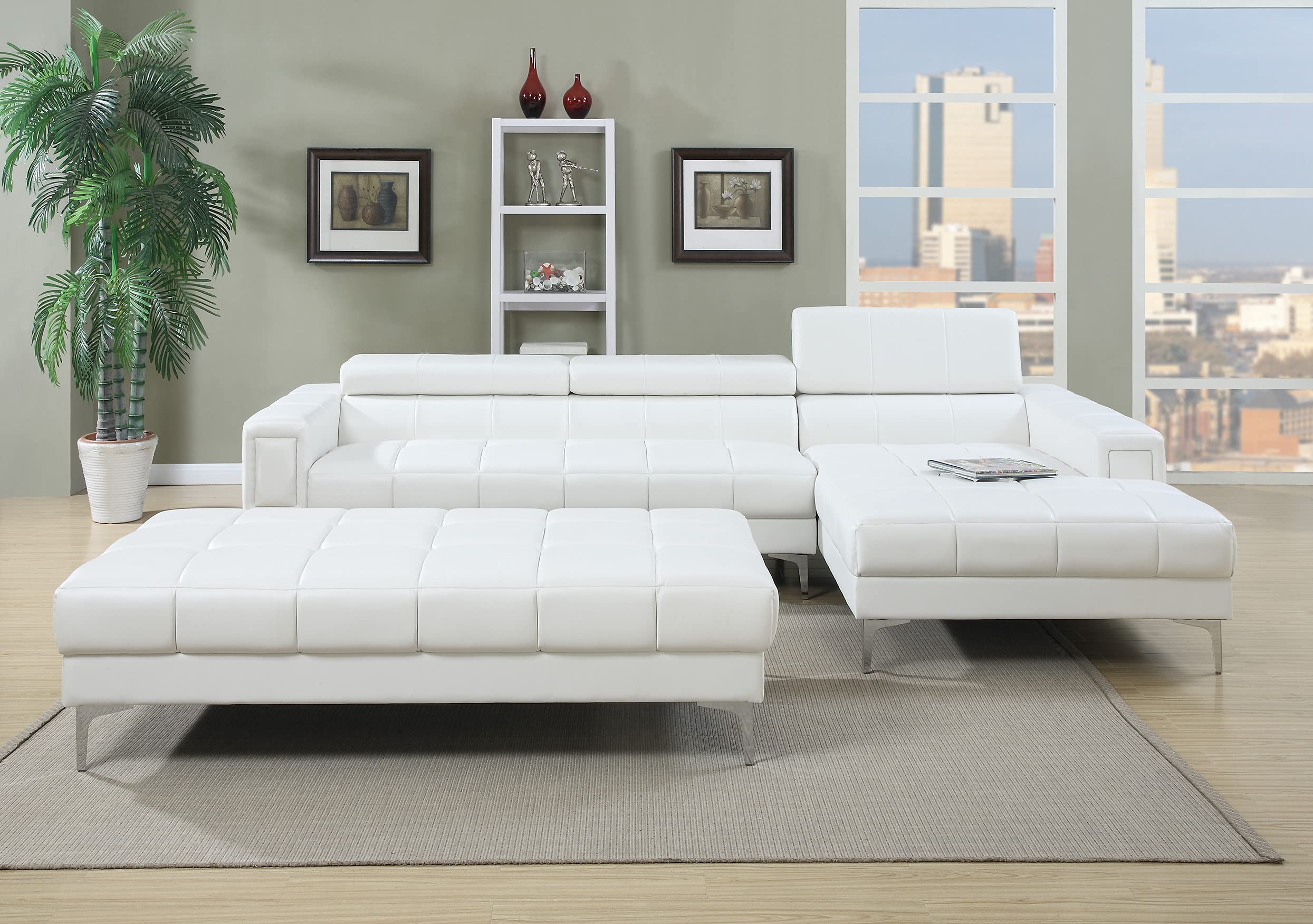 Poundex Bobkona Hayden Bonded Leather Sectional with Adjustable Back, White