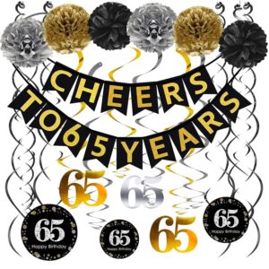 famoby 65th birthday party decorations set- gold glittery cheers to 65 years banner,poms,12pcs sparkling 65 hanging swirls for 65th birthday decorations 65 years old party supplies