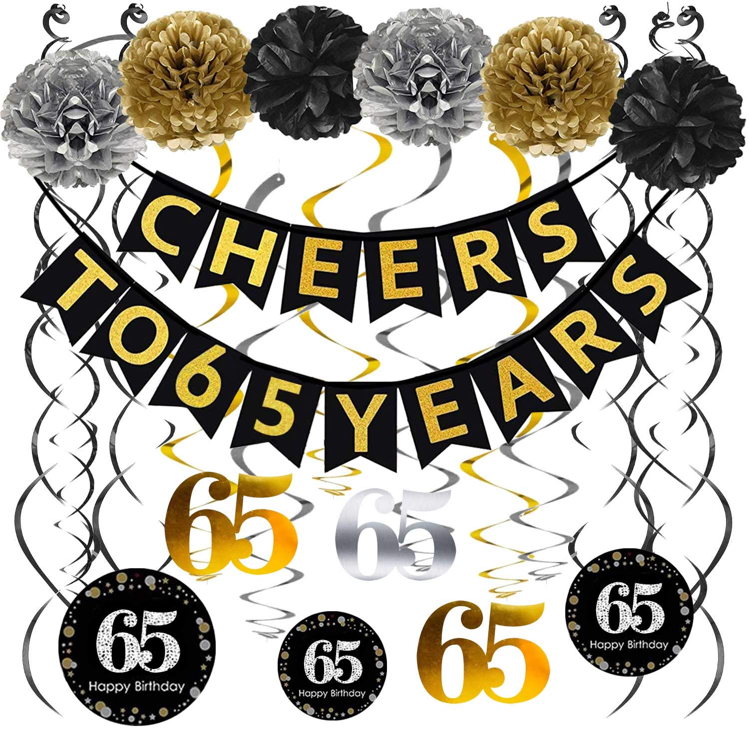 Famoby 65th Birthday Party Decorations Set- Gold Glittery Cheers to 65 Years Banner,Poms,12Pcs Sparkling 65 Hanging Swirls for 65th Birthday Decorations 65 Years Old Party Supplies